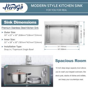 33x22Inch Drop In Kitchen Sink, Herogo Stainless Steel Single Bowl Kitchen Workstaion Sink Basin, Handmade 10'' Deep Kitchen Sink with Accessories