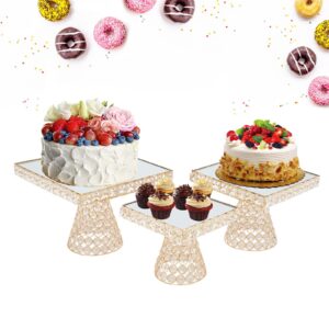 3 Piece Crystal Cake Stands, Gold Round Crystal Cupcake Stand with Square Tray Present Dessert Stands for Wedding Brithday Party Celebration Dessert Display(3Pcs/ Gold Square)