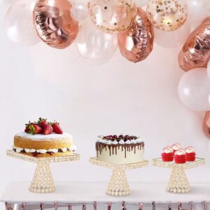 3 Piece Crystal Cake Stands, Gold Round Crystal Cupcake Stand with Square Tray Present Dessert Stands for Wedding Brithday Party Celebration Dessert Display(3Pcs/ Gold Square)