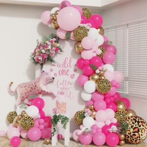 135pcs pink leopard print balloon garland arch kit jungle safari animal printed balloon arch hot pink chrome gold balloons for baby shower girls wild one birthday party decorations (pink)