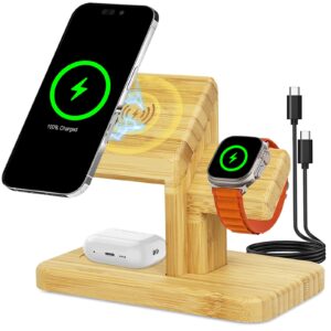 wireless charging station for apple, 20w fast 3 in 1 wireless charger stand, bamboo charging station for iphone 15/14/13/12 pro/max/plus, for apple watch 8/7/6/se/5/4/3/2, for airpods 3/2/pro