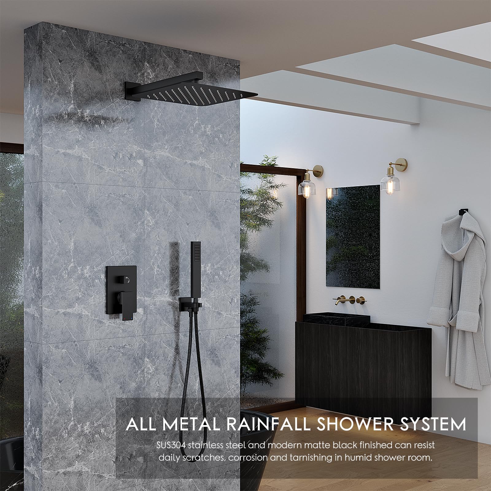 Alesco Shower Faucet Set, Black Shower System with 10-Inch High Pressure Rainfall Shower Head and Handheld Spray, Shower Faucet Include Shower Valve and Trim Kit, Matte Black