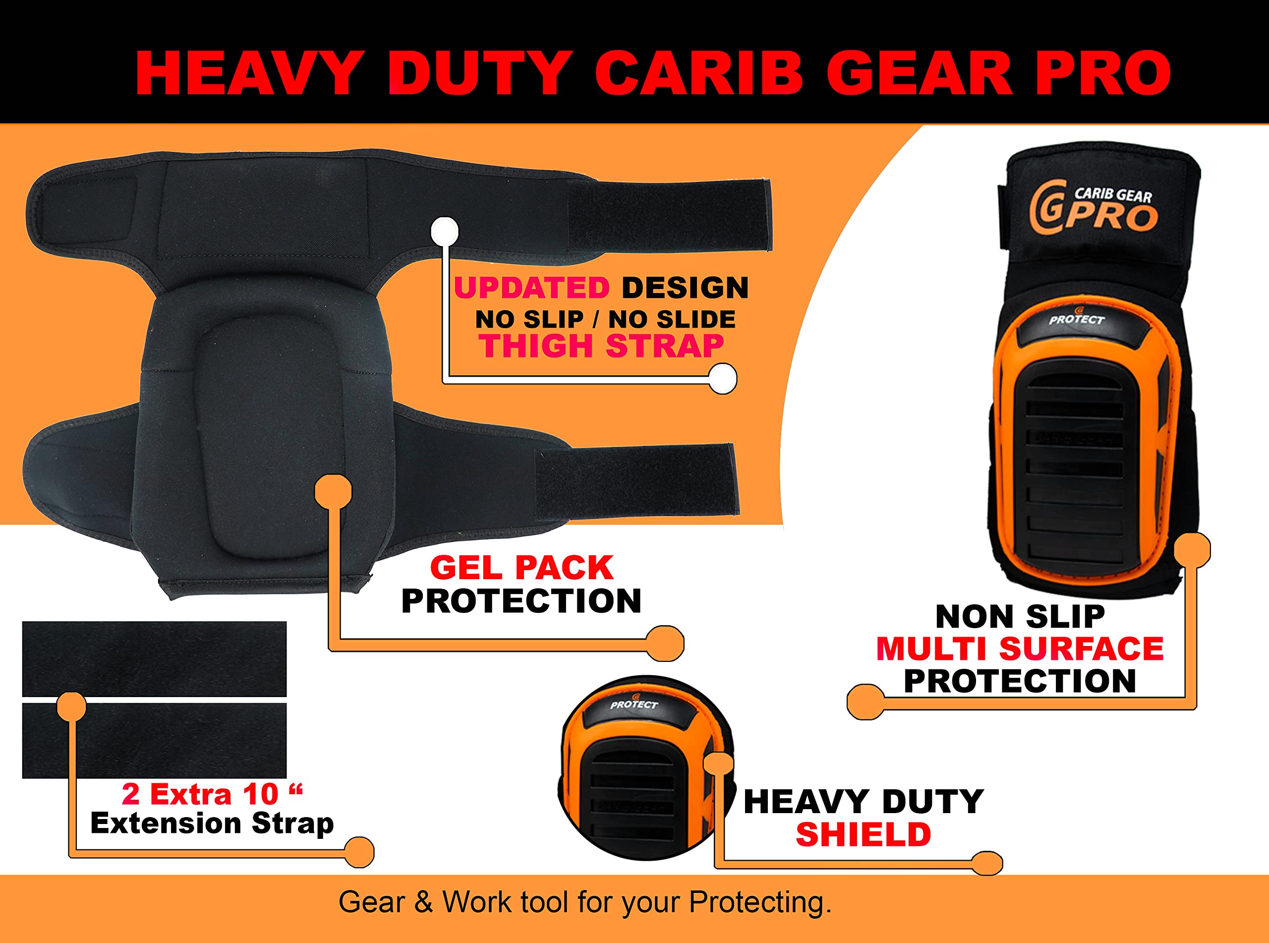 CARIB GEAR PRO Safty Knee Pads for Men and Women Work Construction | Work Heavy Duty Comfortable Anti-slip Double Straps Gel Knee Pads Tools for Flooring Cleaning, Tiling, Roofing and Gardening