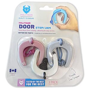 militaur door stop. door pinch guard. glow in the dark blue pink white. door slam stopper. cat door stopper for food & litter access. keeps doors open for moving & deliveries. heavy duty. (3 pack)