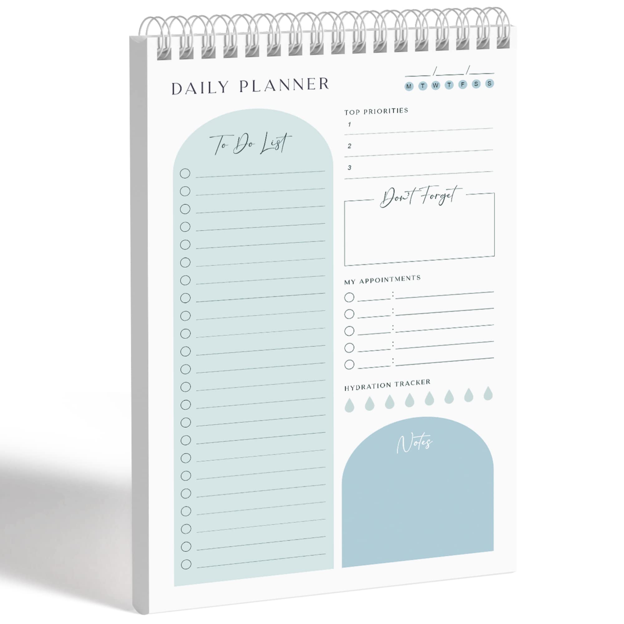 Daily Planner To Do List Notepad 60 Undated Pages,Pastel Blue,Twin-ring Spiral Bindling 6x9 Inch Desktop Daily Planning Notepad with Protective Cover, Water Intake, Habit Tracker