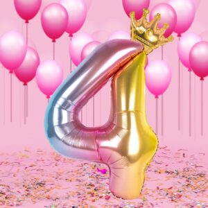 Captain Decor 4 Number Balloon 40 Inch Rainbow Gradient with Detachable Crown – Easy Inflate and deflate reusable, Premium Foil Mylar Balloons for Birthdays, Anniversaries, and Party Decorations