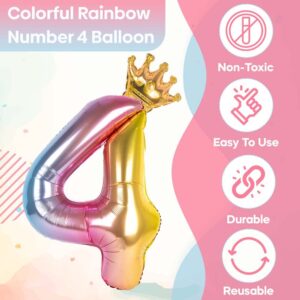 Captain Decor 4 Number Balloon 40 Inch Rainbow Gradient with Detachable Crown – Easy Inflate and deflate reusable, Premium Foil Mylar Balloons for Birthdays, Anniversaries, and Party Decorations