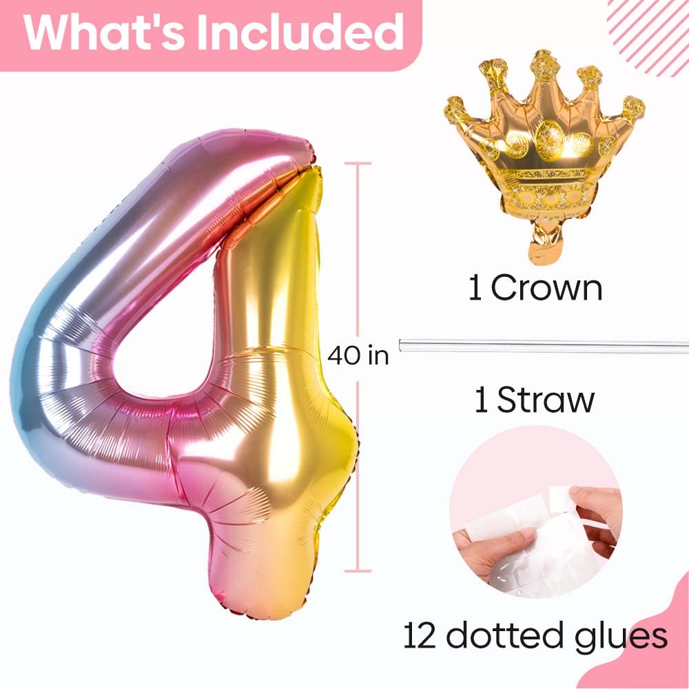 Captain Decor 4 Number Balloon 40 Inch Rainbow Gradient with Detachable Crown – Easy Inflate and deflate reusable, Premium Foil Mylar Balloons for Birthdays, Anniversaries, and Party Decorations