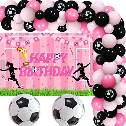 Wonmelody Soccer Birthday Party Decors for Girl Football Birthday Party Decor Sports Birthday Party Supplies Soccer Girl Happy Birthday Backdrop Pink Black Balloon Arch for Football 1st Birthday Party