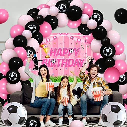 Wonmelody Soccer Birthday Party Decors for Girl Football Birthday Party Decor Sports Birthday Party Supplies Soccer Girl Happy Birthday Backdrop Pink Black Balloon Arch for Football 1st Birthday Party