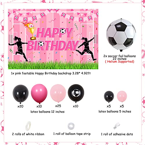 Wonmelody Soccer Birthday Party Decors for Girl Football Birthday Party Decor Sports Birthday Party Supplies Soccer Girl Happy Birthday Backdrop Pink Black Balloon Arch for Football 1st Birthday Party