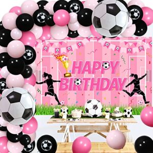 Wonmelody Soccer Birthday Party Decors for Girl Football Birthday Party Decor Sports Birthday Party Supplies Soccer Girl Happy Birthday Backdrop Pink Black Balloon Arch for Football 1st Birthday Party