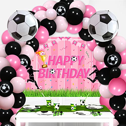 Wonmelody Soccer Birthday Party Decors for Girl Football Birthday Party Decor Sports Birthday Party Supplies Soccer Girl Happy Birthday Backdrop Pink Black Balloon Arch for Football 1st Birthday Party