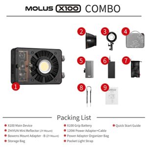 Zhiyun MOLUS X100 LED Video Light,Portable 100W 2700K-6500K CRI 95+ TLCI 97+ with Bluetooth App Brightness Control,Combo