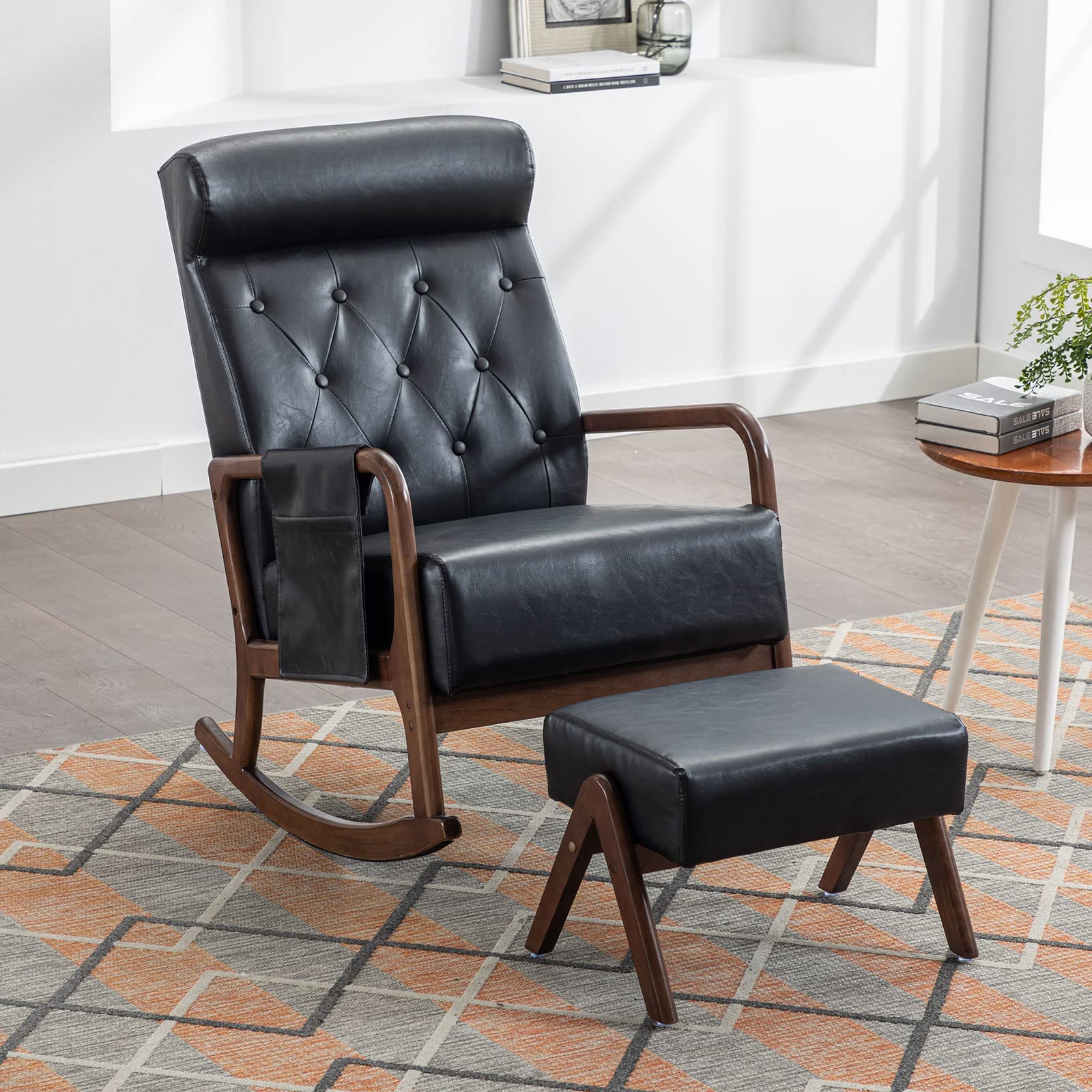 Neylory Rocking Chairs Nursery with Ottoman, Mid-Century Style Upholstered Glider Rocker with High Backrest for Living Room Bedroom Office, Side Pocket, PU Leathaire (Retro Black)