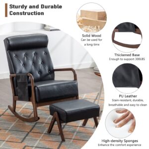 Neylory Rocking Chairs Nursery with Ottoman, Mid-Century Style Upholstered Glider Rocker with High Backrest for Living Room Bedroom Office, Side Pocket, PU Leathaire (Retro Black)