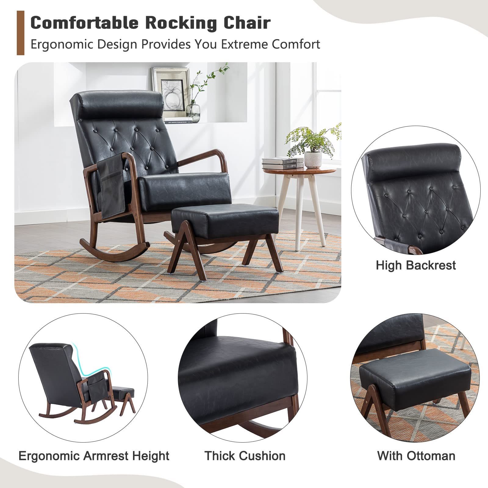 Neylory Rocking Chairs Nursery with Ottoman, Mid-Century Style Upholstered Glider Rocker with High Backrest for Living Room Bedroom Office, Side Pocket, PU Leathaire (Retro Black)