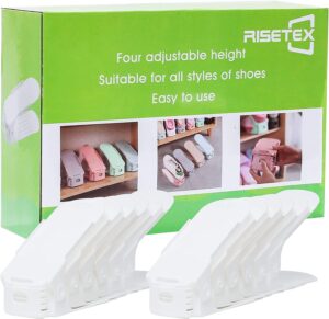 risetex shoe slots organizer 12 pack, adjustable 4 level shoe space savers, double deck shoe rack holder for closet, white