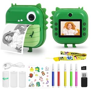 aurtec instant camera for kids, mini thermal printing camera, no ink required, 48mp dual camera,1080p hd video, 32g tf card, 3 print paper, 2.4 inch color screen, cute animal cartoon design, dinosaur