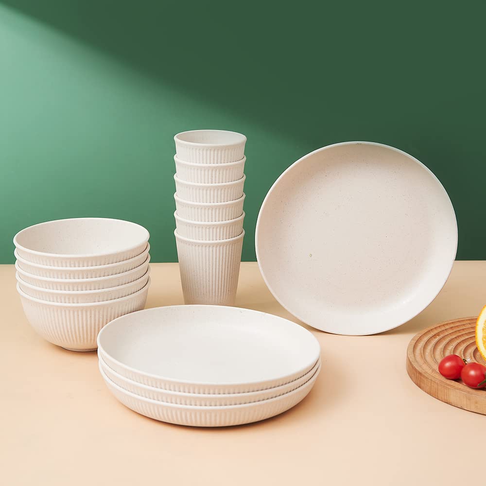 18pcs Wheat Straw Dinnerware Sets HXYPN Unbreakable Reusable Dinnerware Set Kitchen Cups Plates and Bowls Sets Dishwasher Microwave Safe Plates