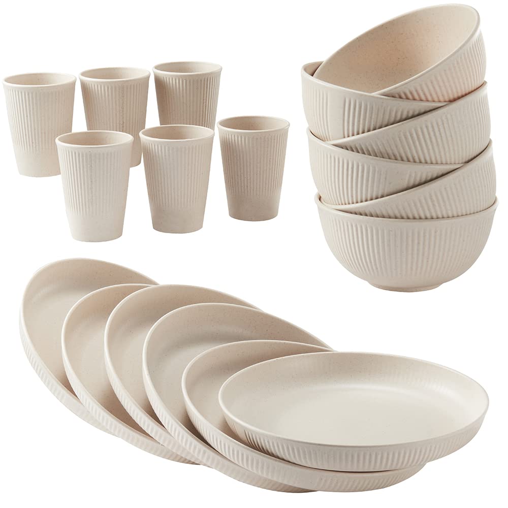 18pcs Wheat Straw Dinnerware Sets HXYPN Unbreakable Reusable Dinnerware Set Kitchen Cups Plates and Bowls Sets Dishwasher Microwave Safe Plates