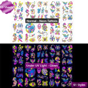 Neon Temporary Tattoos Glow In The UV Neon Tattoos Stickers 61 Glitter Styles Dragon Scorpion Spider Cool Fake Waterproof Tattoos for Men Women Party Decoration