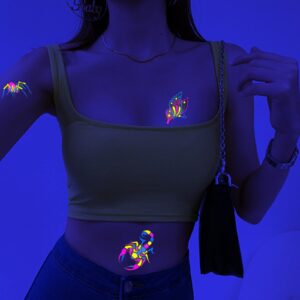 Neon Temporary Tattoos Glow In The UV Neon Tattoos Stickers 61 Glitter Styles Dragon Scorpion Spider Cool Fake Waterproof Tattoos for Men Women Party Decoration