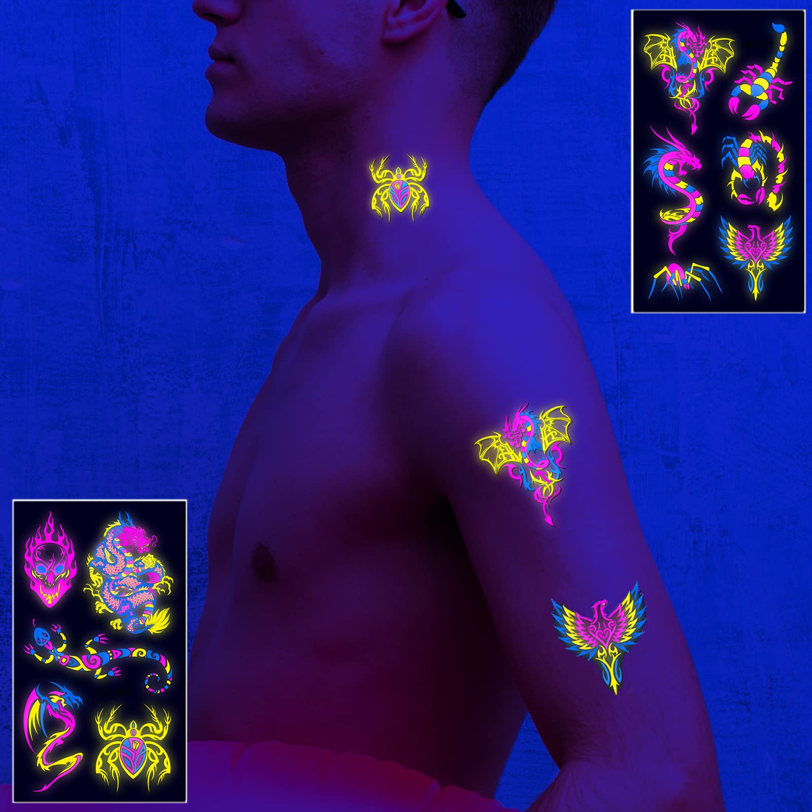 Neon Temporary Tattoos Glow In The UV Neon Tattoos Stickers 61 Glitter Styles Dragon Scorpion Spider Cool Fake Waterproof Tattoos for Men Women Party Decoration