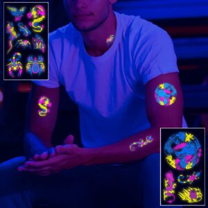 Neon Temporary Tattoos Glow In The UV Neon Tattoos Stickers 61 Glitter Styles Dragon Scorpion Spider Cool Fake Waterproof Tattoos for Men Women Party Decoration