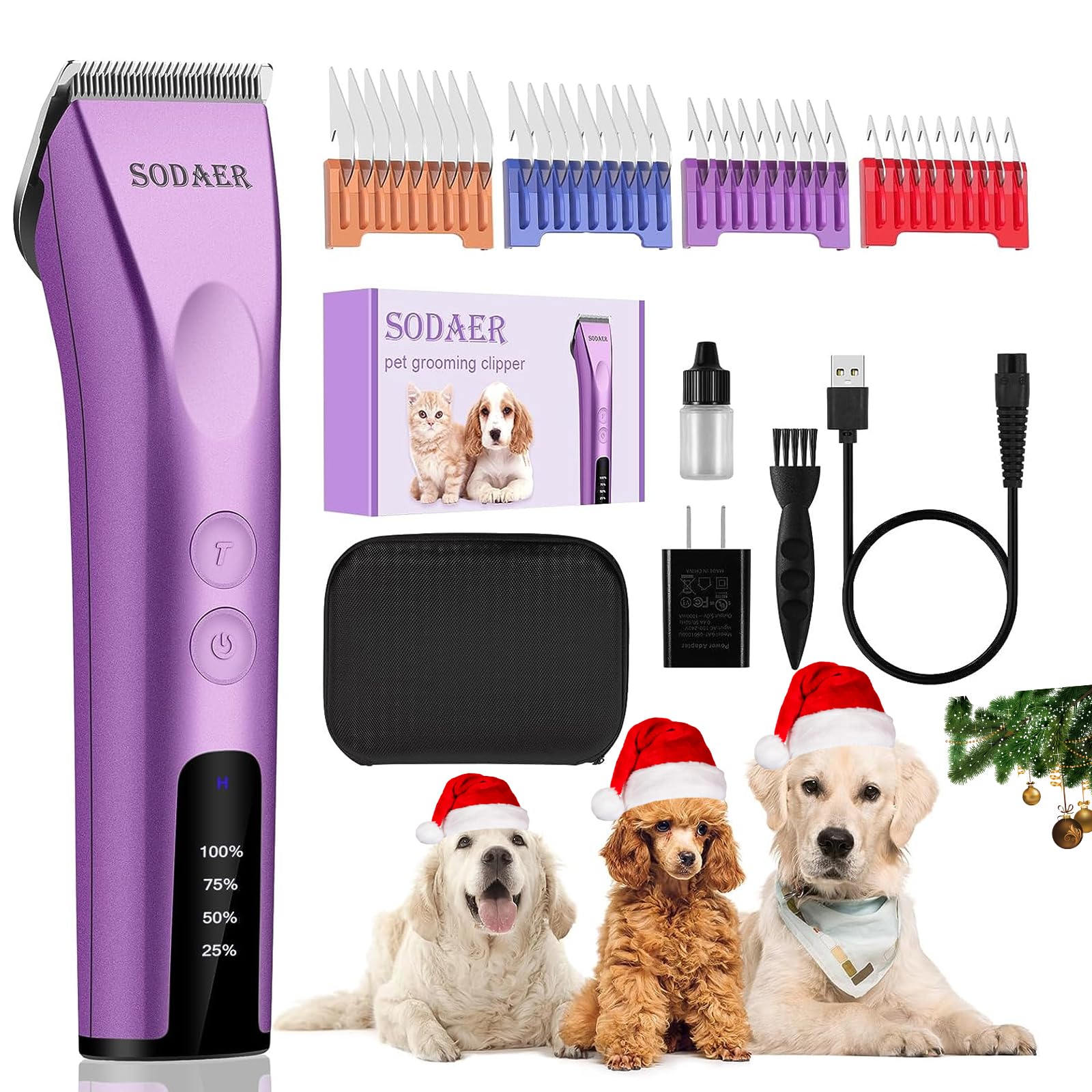 Professional Animal Pet Dog Cat and Horse Cordless Hair Clipper Grooming Kit with 5 in 1 Blade Low Noise & High Power Rechargeable Cordless Pet Grooming Clipper for Thick Heavy Coats -Purple