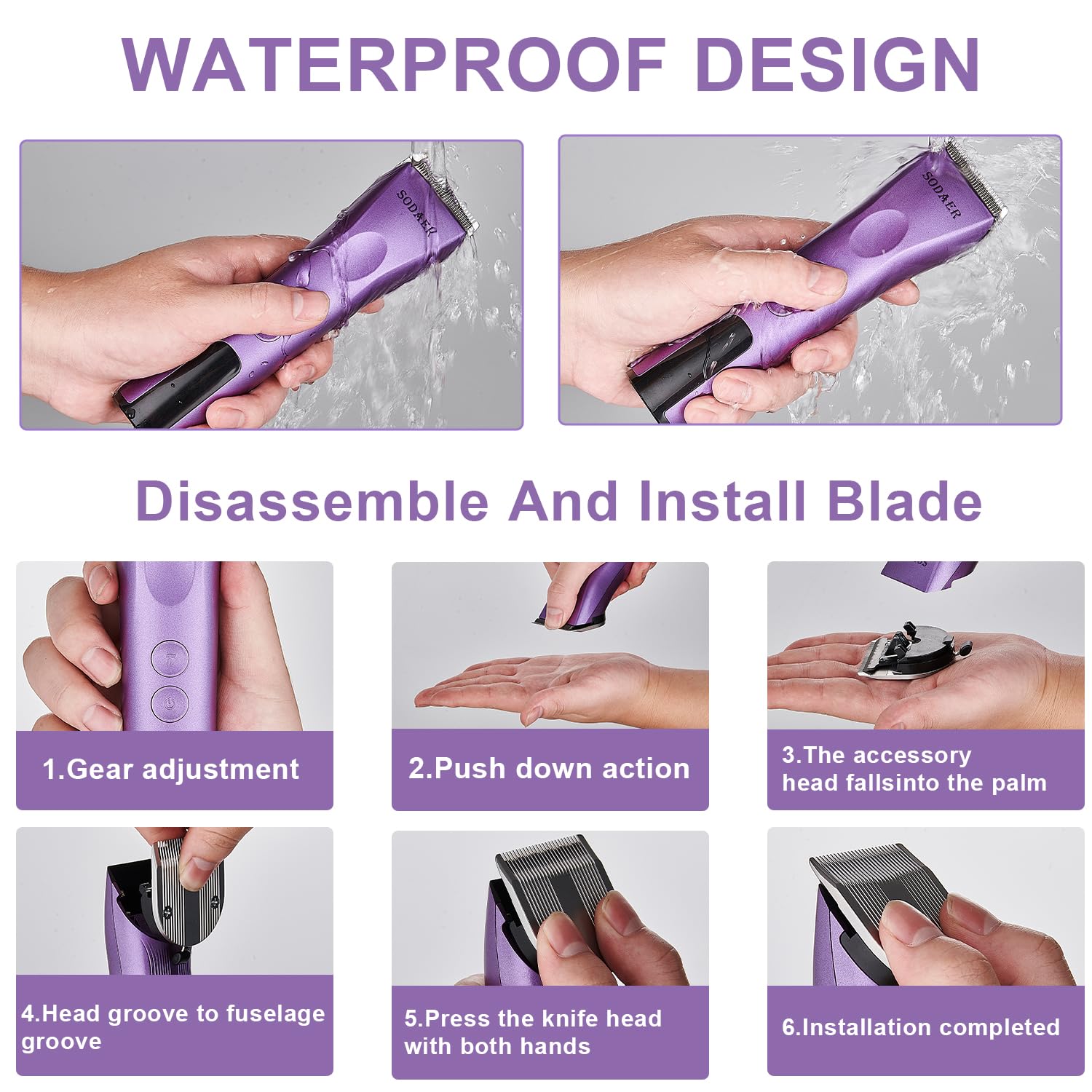 Professional Animal Pet Dog Cat and Horse Cordless Hair Clipper Grooming Kit with 5 in 1 Blade Low Noise & High Power Rechargeable Cordless Pet Grooming Clipper for Thick Heavy Coats -Purple