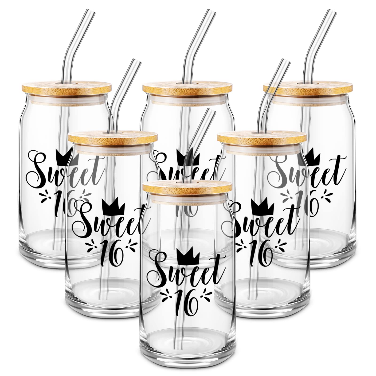 Lallisa 6 Pack Sweet 16 Gifts for Girls Drinking Glasses with Lids and Straw 16th Birthday Decorations Clear Sweet 16 Coffee Glass Cups for Daughter Granddaughter Niece Student Party Supplies Favors