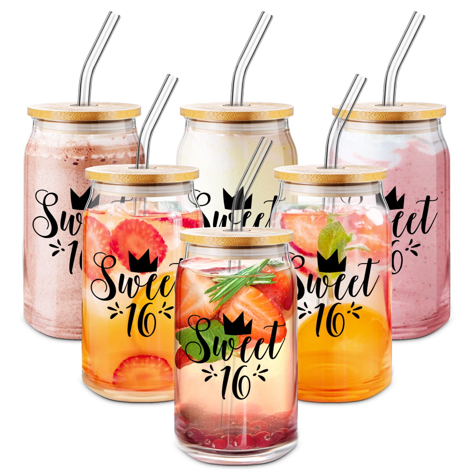 Lallisa 6 Pack Sweet 16 Gifts for Girls Drinking Glasses with Lids and Straw 16th Birthday Decorations Clear Sweet 16 Coffee Glass Cups for Daughter Granddaughter Niece Student Party Supplies Favors