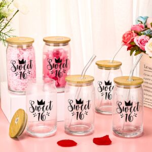 Lallisa 6 Pack Sweet 16 Gifts for Girls Drinking Glasses with Lids and Straw 16th Birthday Decorations Clear Sweet 16 Coffee Glass Cups for Daughter Granddaughter Niece Student Party Supplies Favors