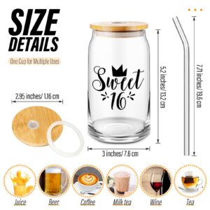 Lallisa 6 Pack Sweet 16 Gifts for Girls Drinking Glasses with Lids and Straw 16th Birthday Decorations Clear Sweet 16 Coffee Glass Cups for Daughter Granddaughter Niece Student Party Supplies Favors