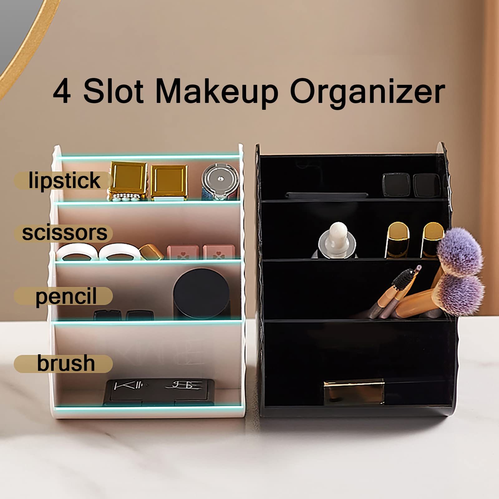 Makeup Brush Holder Organizer, Large Capacity 4 Slot Makeup Organizer for Vanity,Bathroom,Desk Storage Container,Cosmetic Display cases (White)