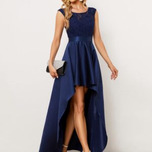 Ever-Pretty Women's Sleeveless Round Neck Asymmetry Hem Lace Satin Summer Wedding Guest Dresses Navy Blue US4