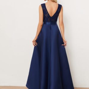 Ever-Pretty Women's Sleeveless Round Neck Asymmetry Hem Lace Satin Summer Wedding Guest Dresses Navy Blue US4