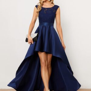 Ever-Pretty Women's Sleeveless Round Neck Asymmetry Hem Lace Satin Summer Wedding Guest Dresses Navy Blue US4