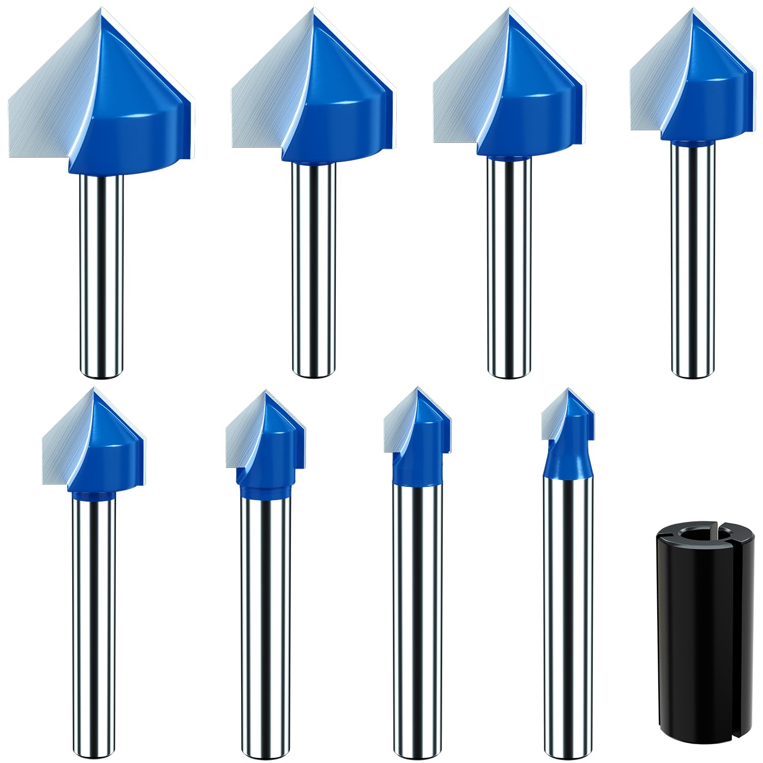 Vipbhtool 1/4 Inch Shank 90 Degree V Groove Router Bit Set Solid Carbide Double Flute CNC Engraving V Groove Router Bit Woodworking Tool- 1/4" 5/16" 3/8" 1/2" 5/8" 3/4" 7/8" 1" Cutting Diameter