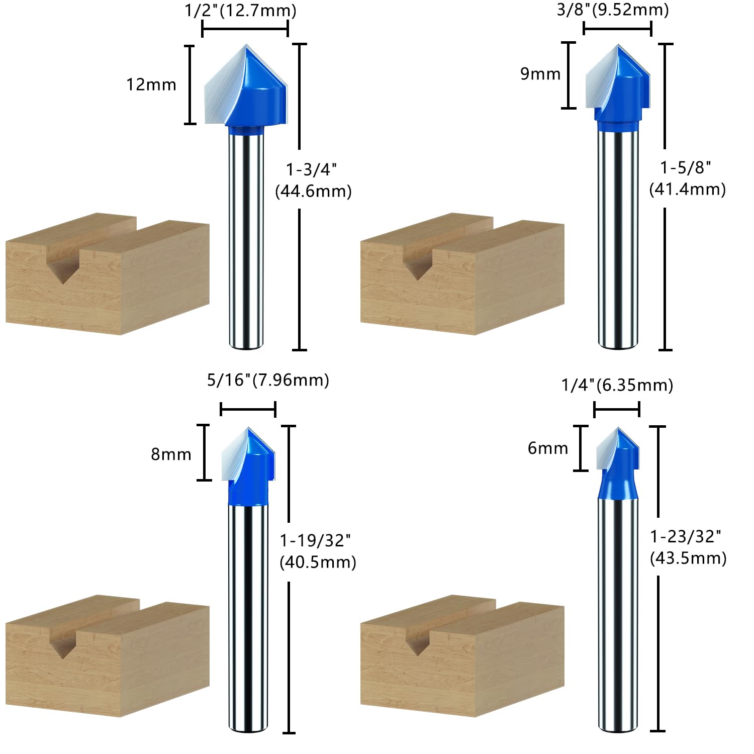 Vipbhtool 1/4 Inch Shank 90 Degree V Groove Router Bit Set Solid Carbide Double Flute CNC Engraving V Groove Router Bit Woodworking Tool- 1/4" 5/16" 3/8" 1/2" 5/8" 3/4" 7/8" 1" Cutting Diameter