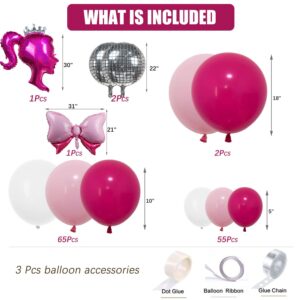 Hot Pink Rose Red Light Pink Matte White Balloons Silver Disco Ball Bow Crown Princess Balloon Arch Kit For Princess Party Decoration Birthday Girl Baby Shower Summer Themed Party Backdrop