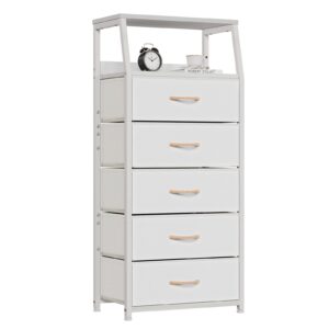 furnulem white dresser with 5 drawers, vertical storage tower fabric dresser for bedroom, hallway, entryway, nursery, closet organizer, nightstand bedside table furniture, sturdy steel frame, wood top