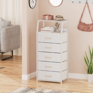 Furnulem White Dresser with 5 Drawers, Vertical Storage Tower Fabric Dresser for Bedroom, Hallway, Entryway, Nursery, Closet Organizer, Nightstand Bedside Table Furniture, Sturdy Steel Frame, Wood Top