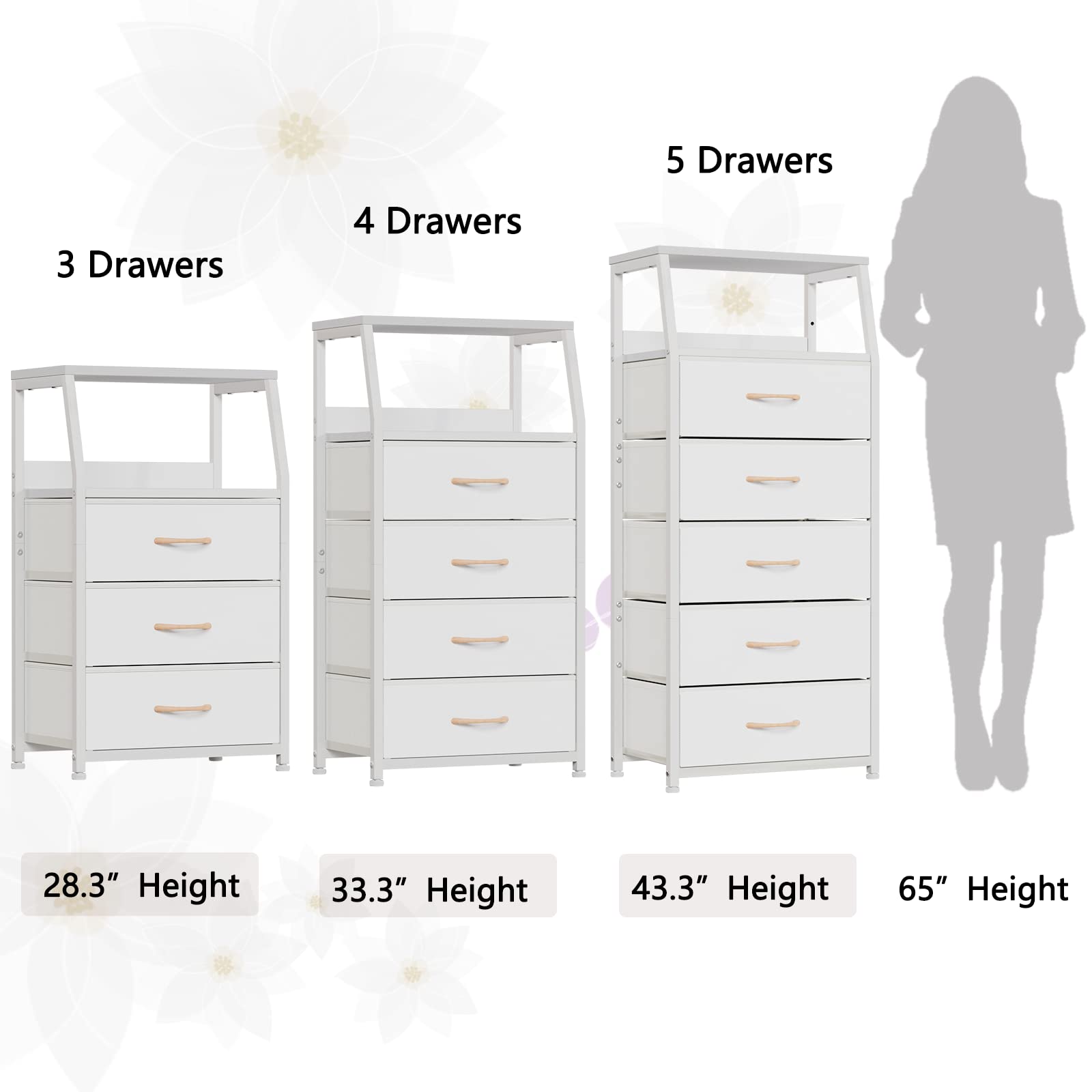 Furnulem White Dresser with 5 Drawers, Vertical Storage Tower Fabric Dresser for Bedroom, Hallway, Entryway, Nursery, Closet Organizer, Nightstand Bedside Table Furniture, Sturdy Steel Frame, Wood Top