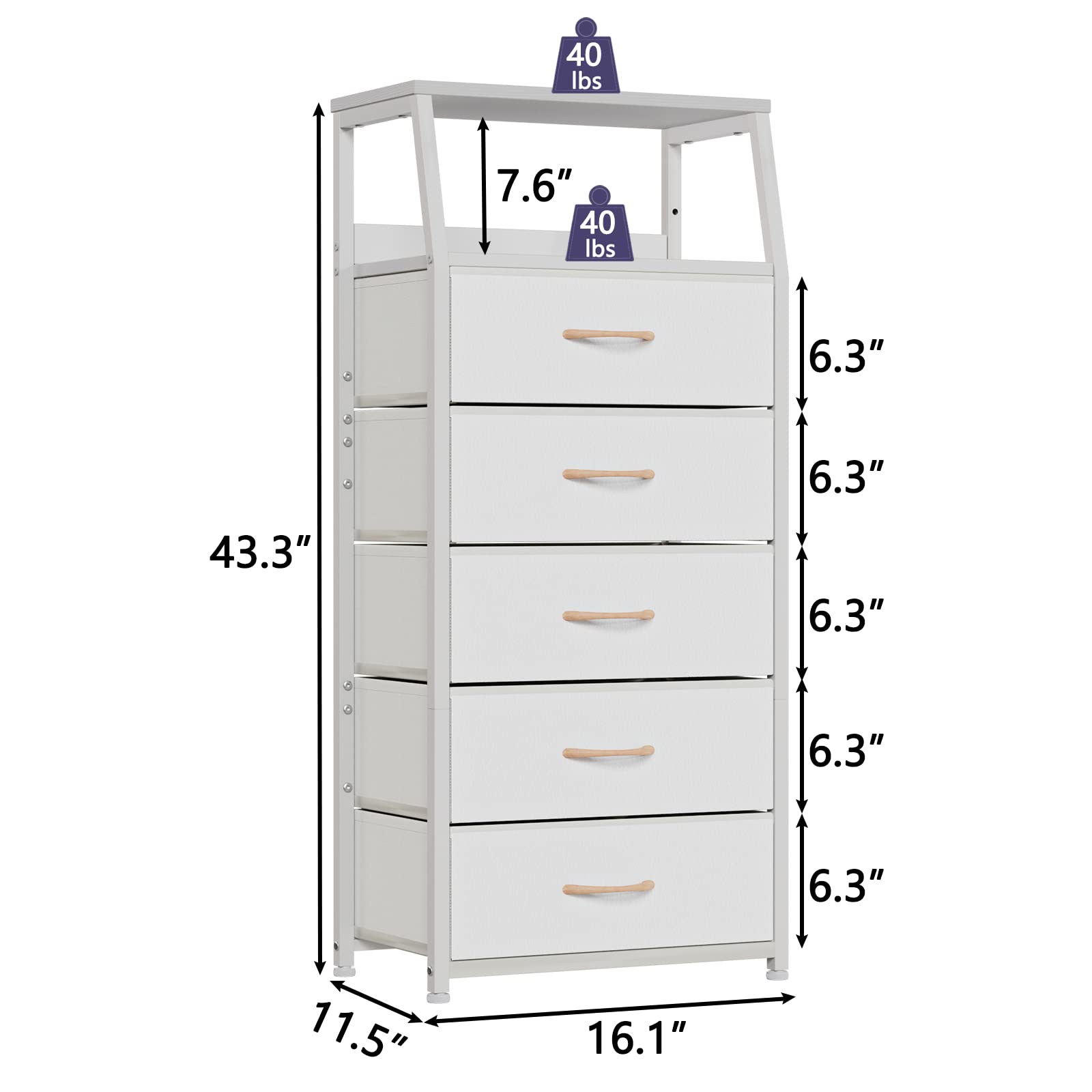 Furnulem White Dresser with 5 Drawers, Vertical Storage Tower Fabric Dresser for Bedroom, Hallway, Entryway, Nursery, Closet Organizer, Nightstand Bedside Table Furniture, Sturdy Steel Frame, Wood Top