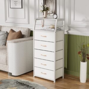 Furnulem White Dresser with 5 Drawers, Vertical Storage Tower Fabric Dresser for Bedroom, Hallway, Entryway, Nursery, Closet Organizer, Nightstand Bedside Table Furniture, Sturdy Steel Frame, Wood Top