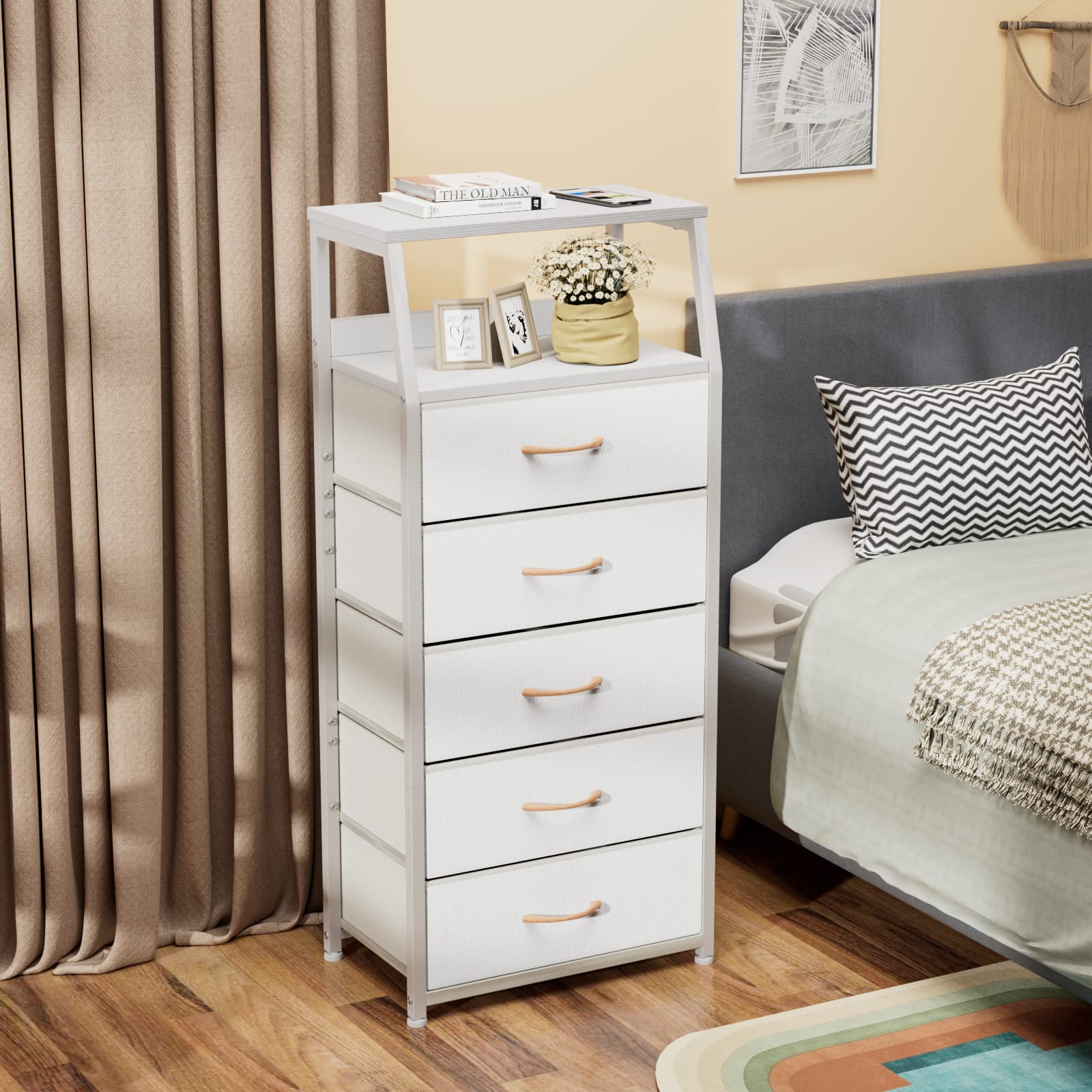 Furnulem White Dresser with 5 Drawers, Vertical Storage Tower Fabric Dresser for Bedroom, Hallway, Entryway, Nursery, Closet Organizer, Nightstand Bedside Table Furniture, Sturdy Steel Frame, Wood Top