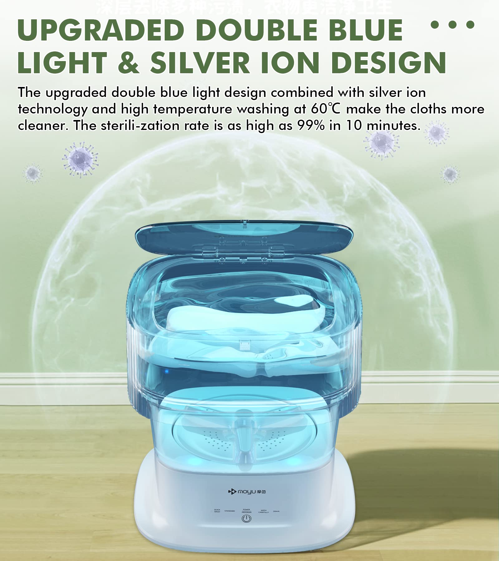 Portable Washing Machine, Updated Small Washer (2 Blue light & Silver Ion Design), Foldable Mini Washer, for Underwear, Socks, Baby Clothes, Towels, Delicate Items (NOT Automatically)