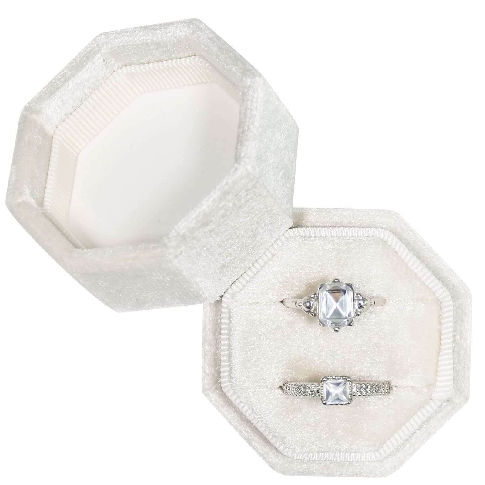 Vicoter Velvet Ring Box, Ring Box 2 Slots Ring Gift Box Double Slots Octagon Ring Display Holder Case for Proposal Engagement Wedding Ceremony (Ivory)